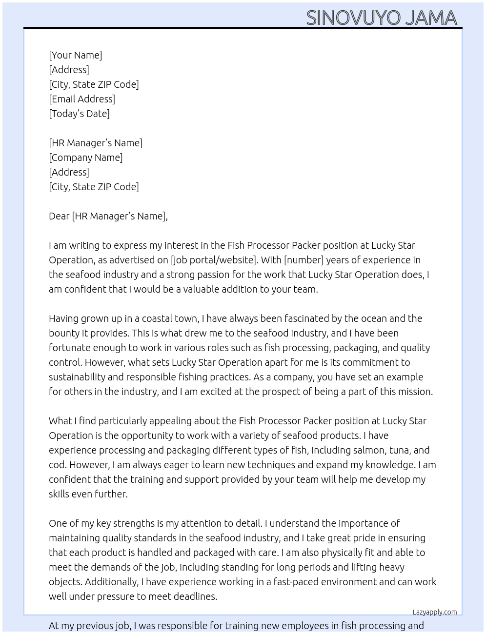 Cover letter for fish processor packer - LazyApply