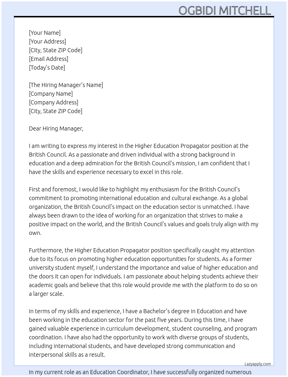Cover letter for higher education propagator - LazyApply