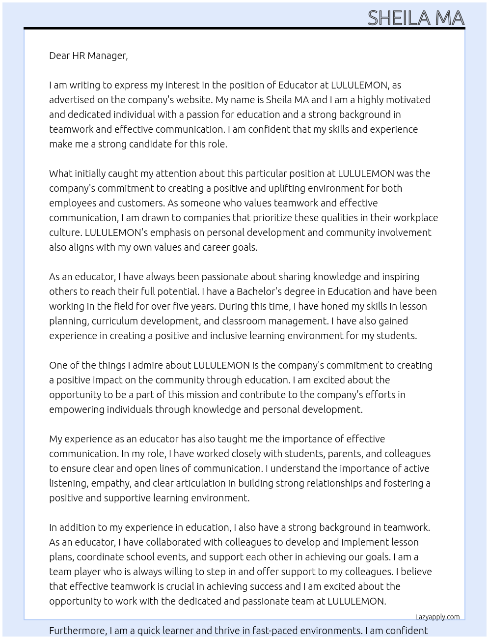 Cover letter for lululemon - LazyApply