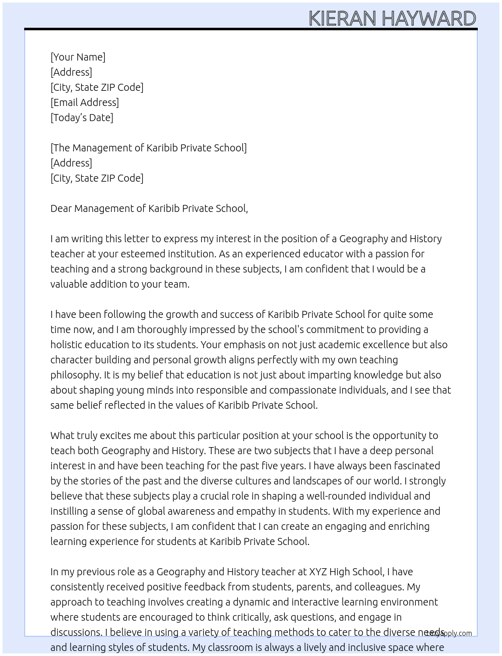 Cover letter for geography and history teacher - LazyApply