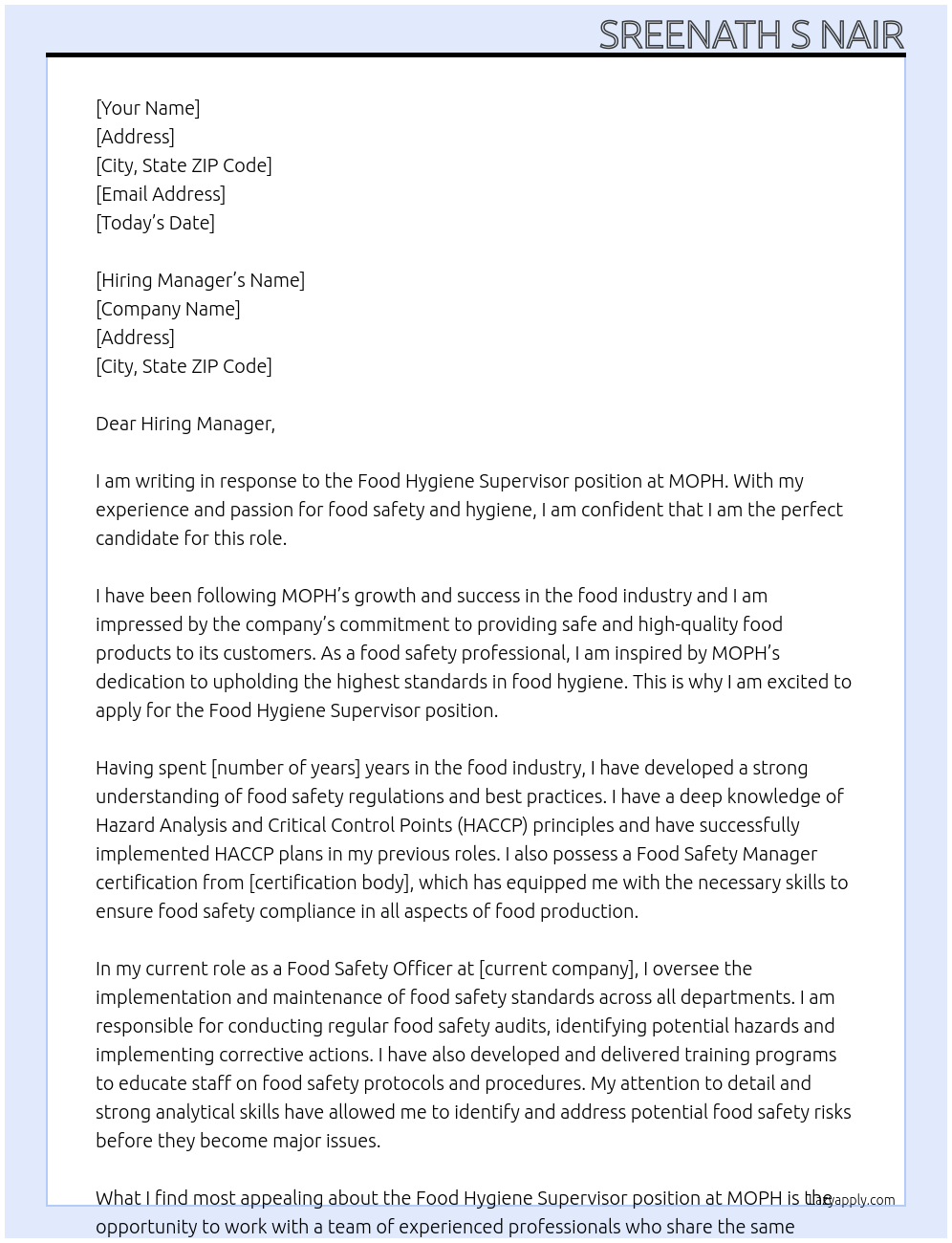 Cover letter for food hygiene supervisor - LazyApply