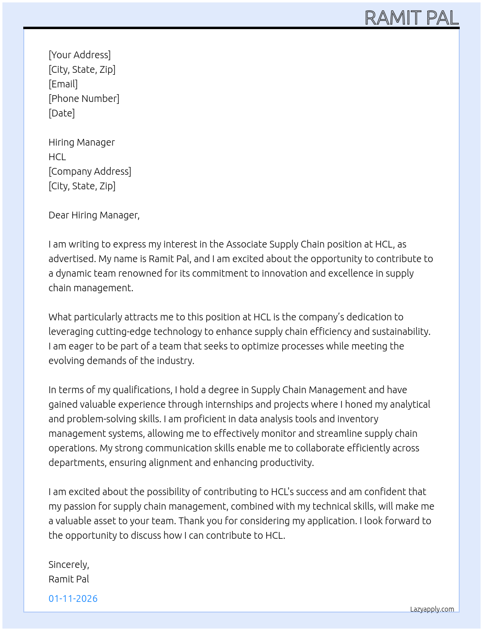 Cover letter for associate supply chain - LazyApply