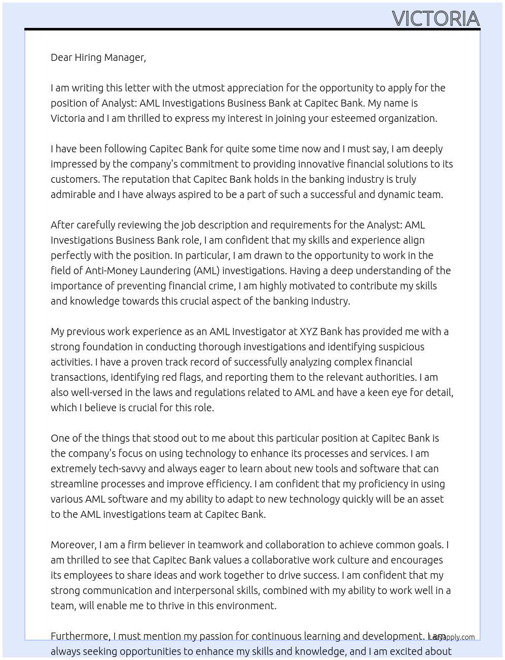 Cover letter for analyst: aml investigations business bank - LazyApply