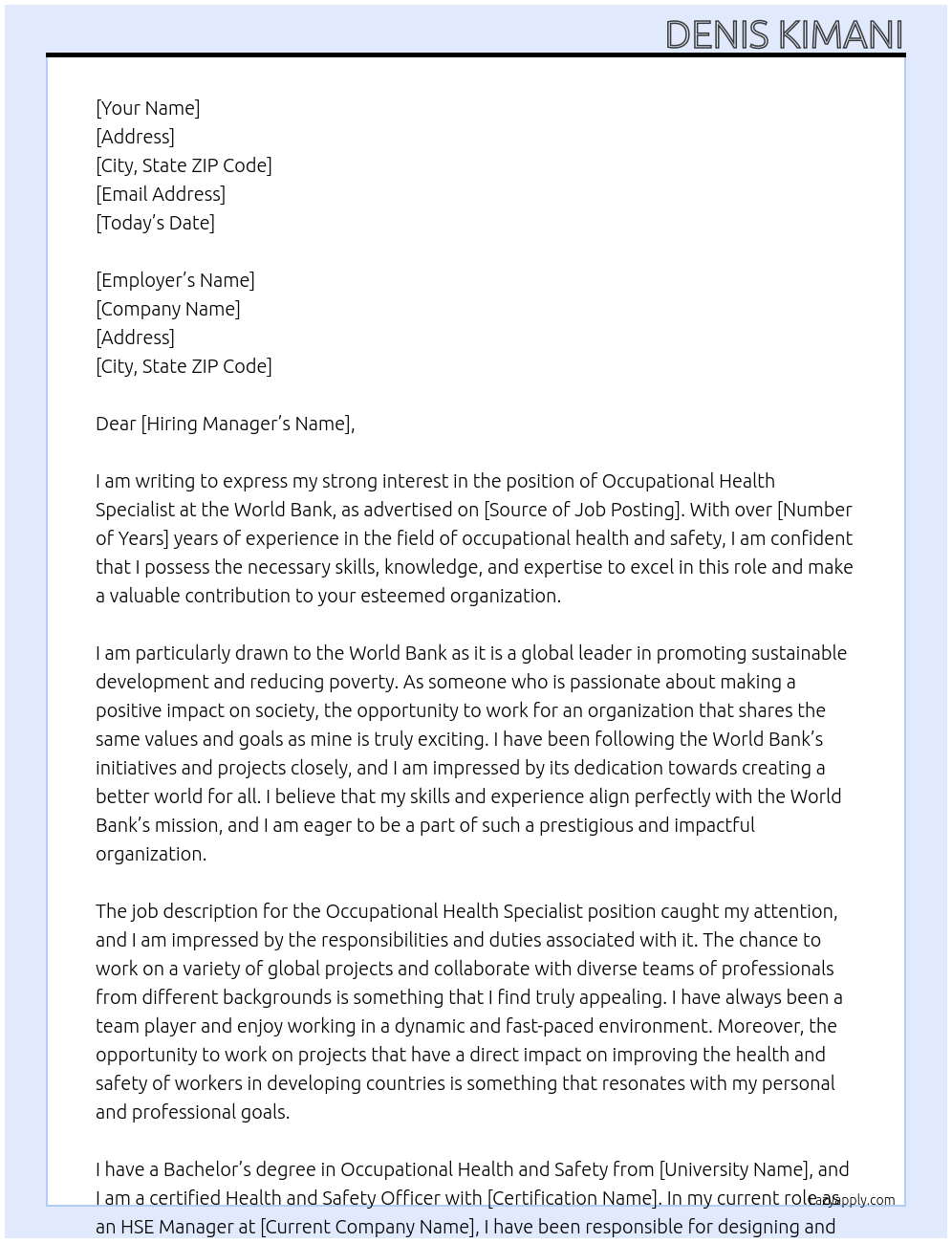 Cover letter for occupational health specialist - LazyApply