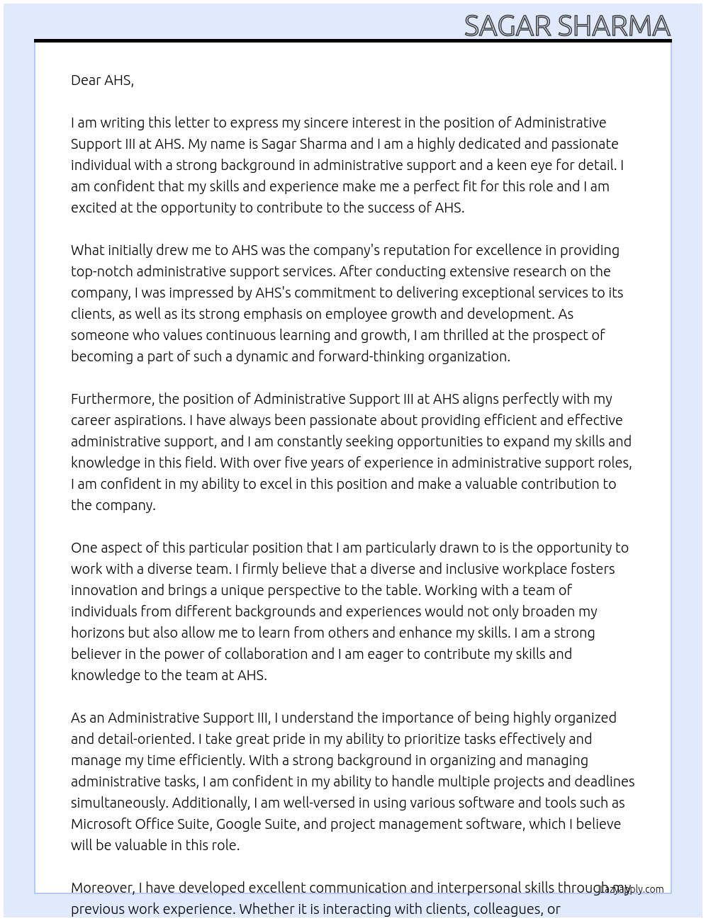 Cover letter for administrative support iii - LazyApply