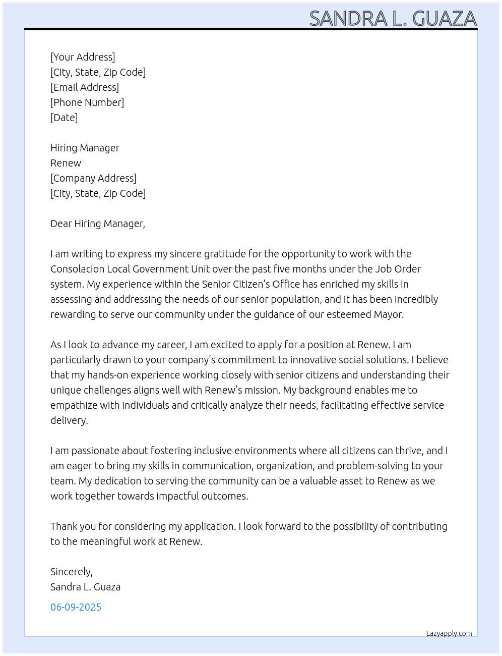 Cover letter for renew - LazyApply