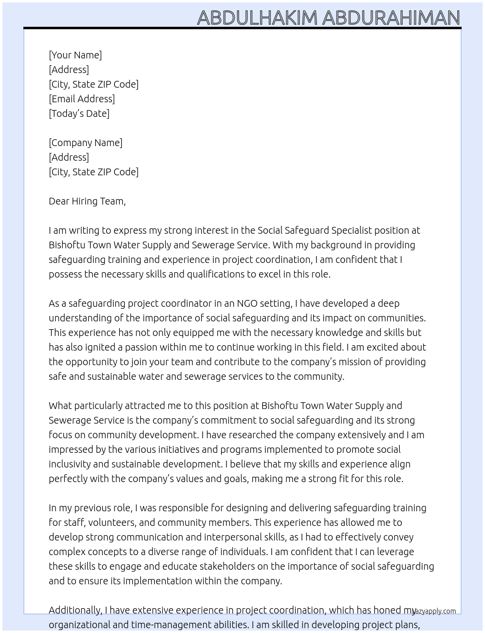 Cover letter for social safeguard specialist - LazyApply