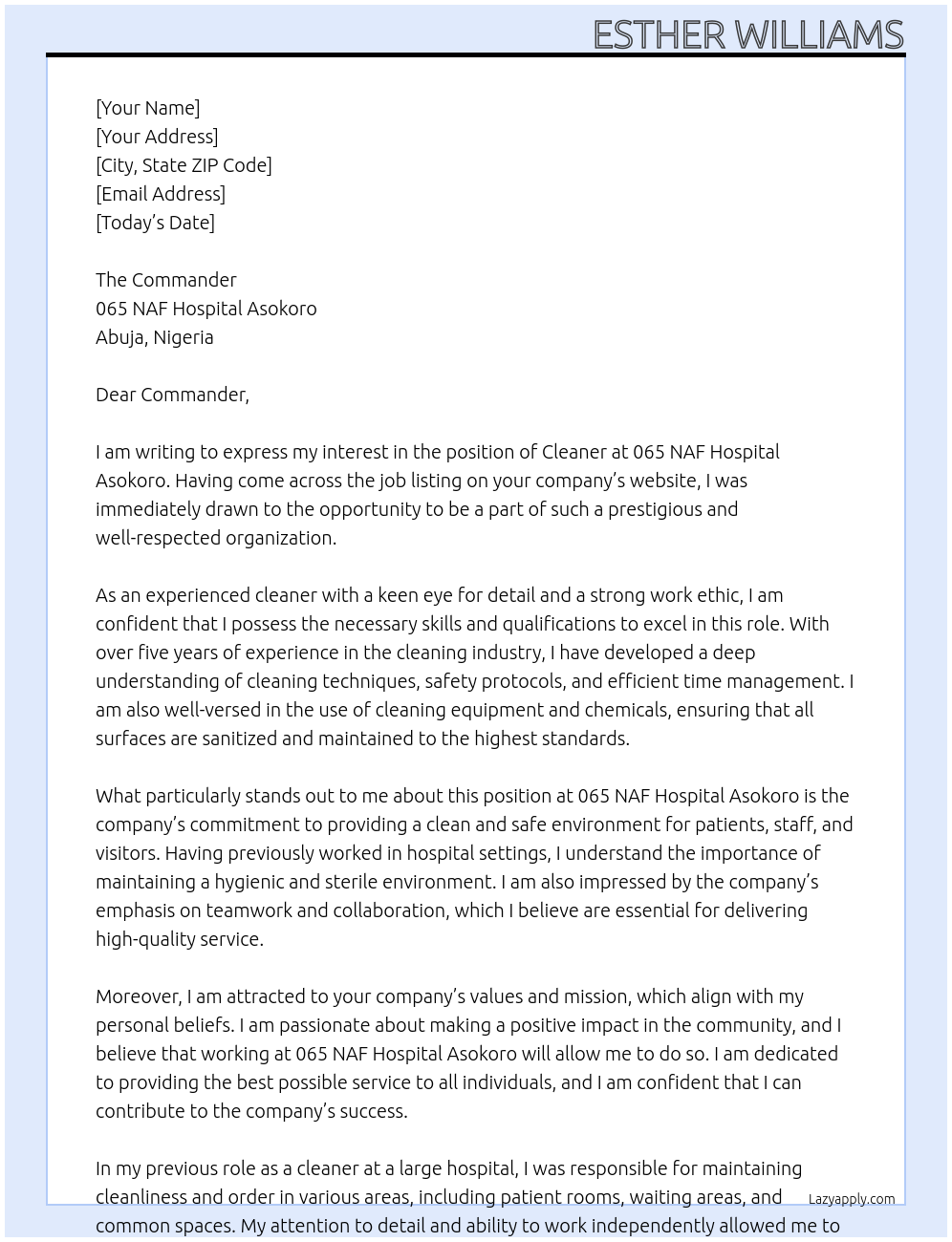 Cover letter for application for employment as a cleaner - LazyApply
