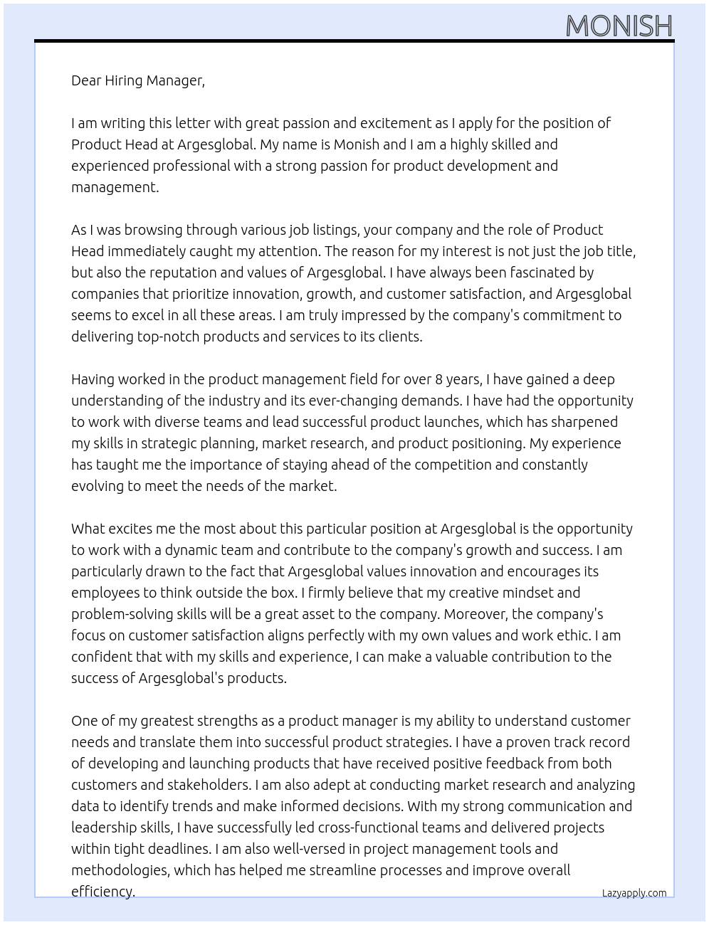 Cover letter for product head - LazyApply