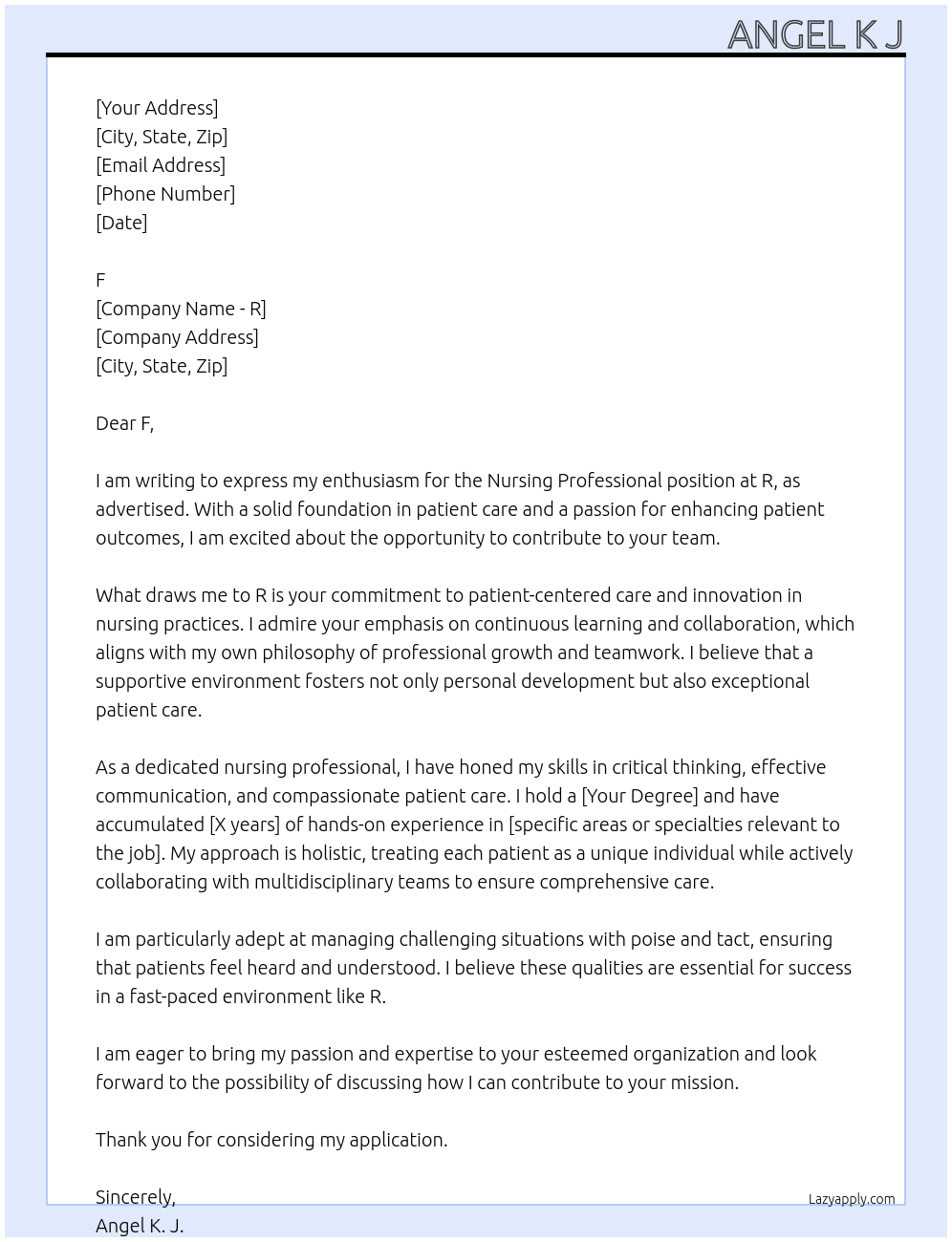 Cover letter for nursing professionals - LazyApply