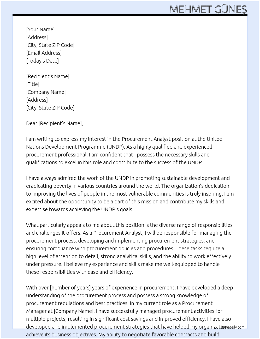 Cover letter for procurement analyst undp - LazyApply