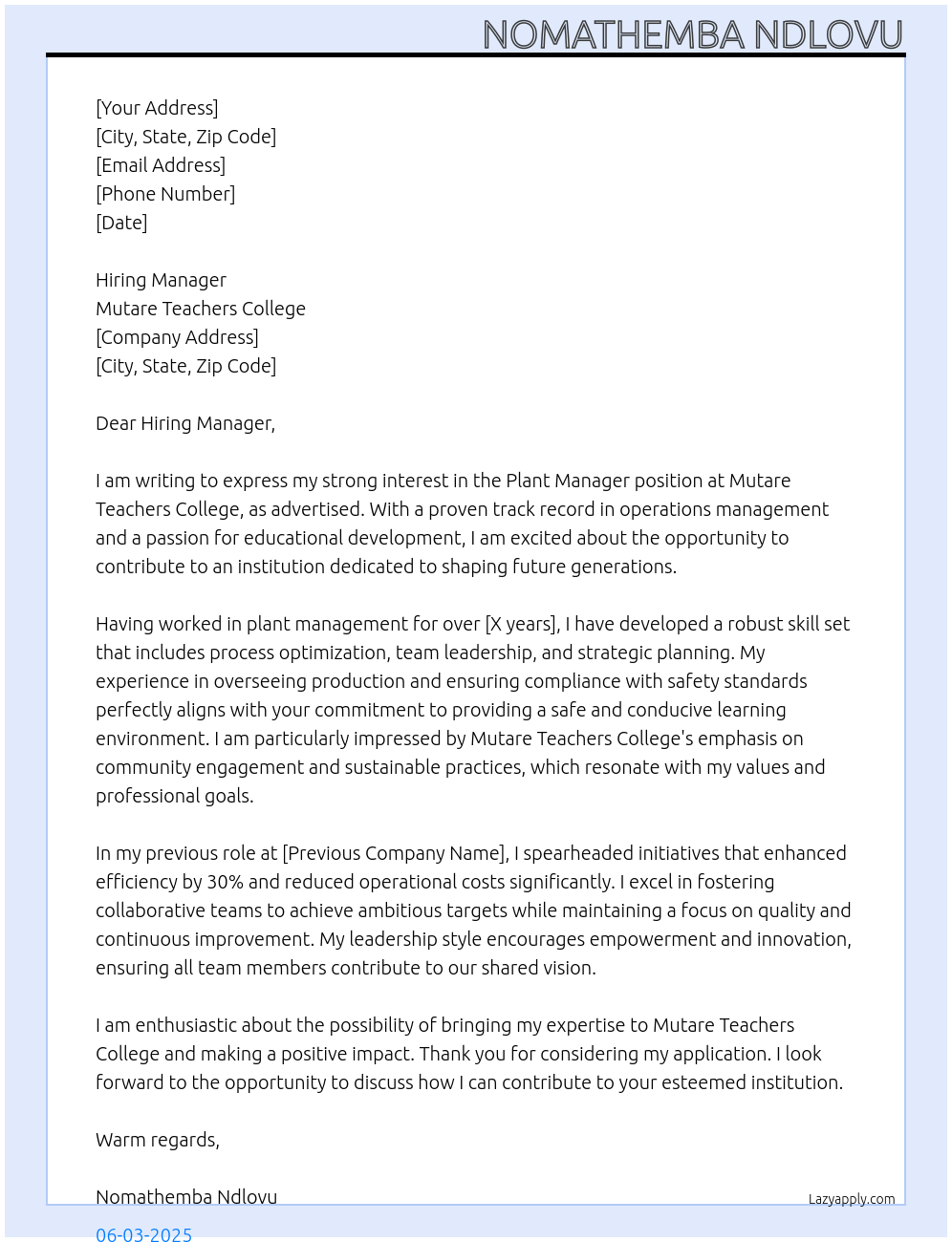 Cover letter for plant manager - LazyApply