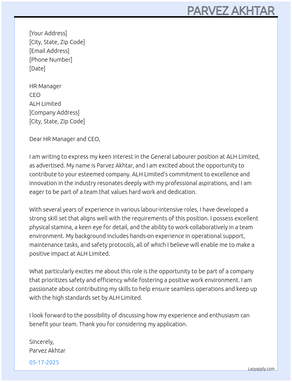 Cover letter for general labours - LazyApply