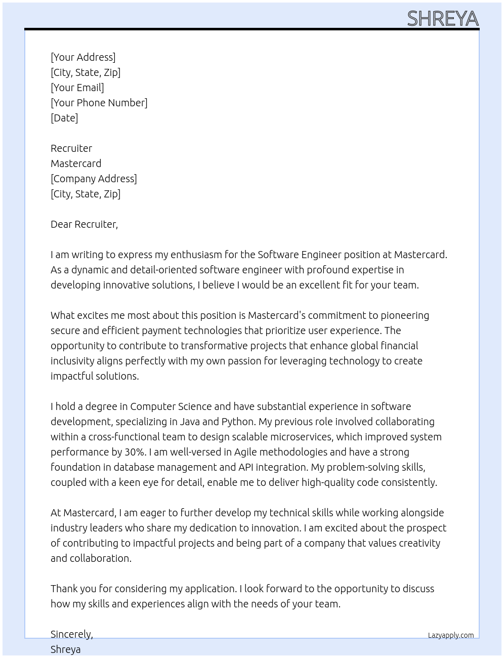 Cover letter for mastercard - LazyApply