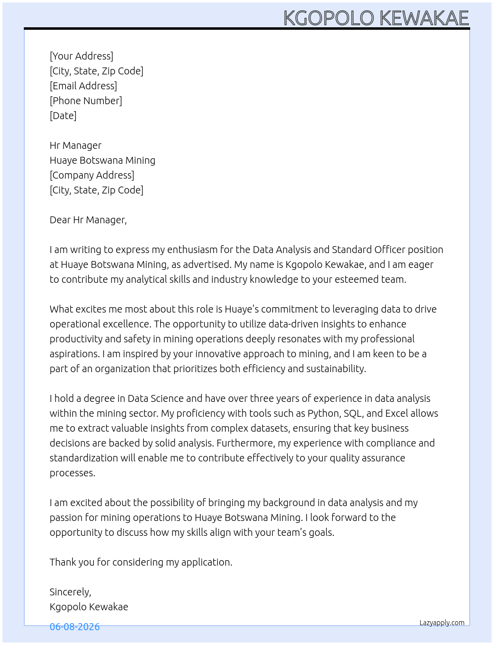 Cover letter for huaye botswana mining - LazyApply