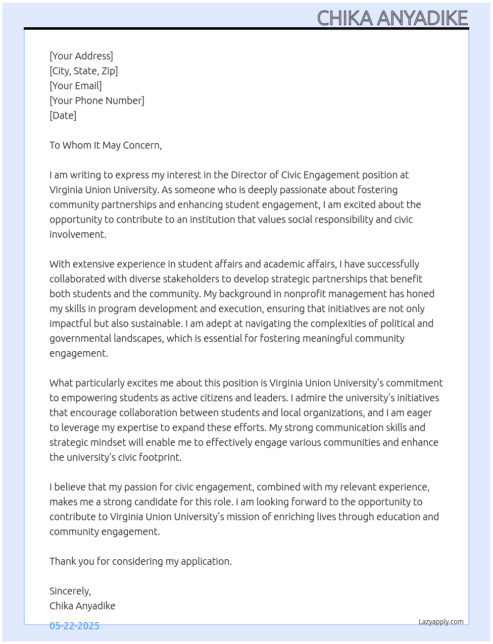 Cover letter for director of civic engagement - LazyApply