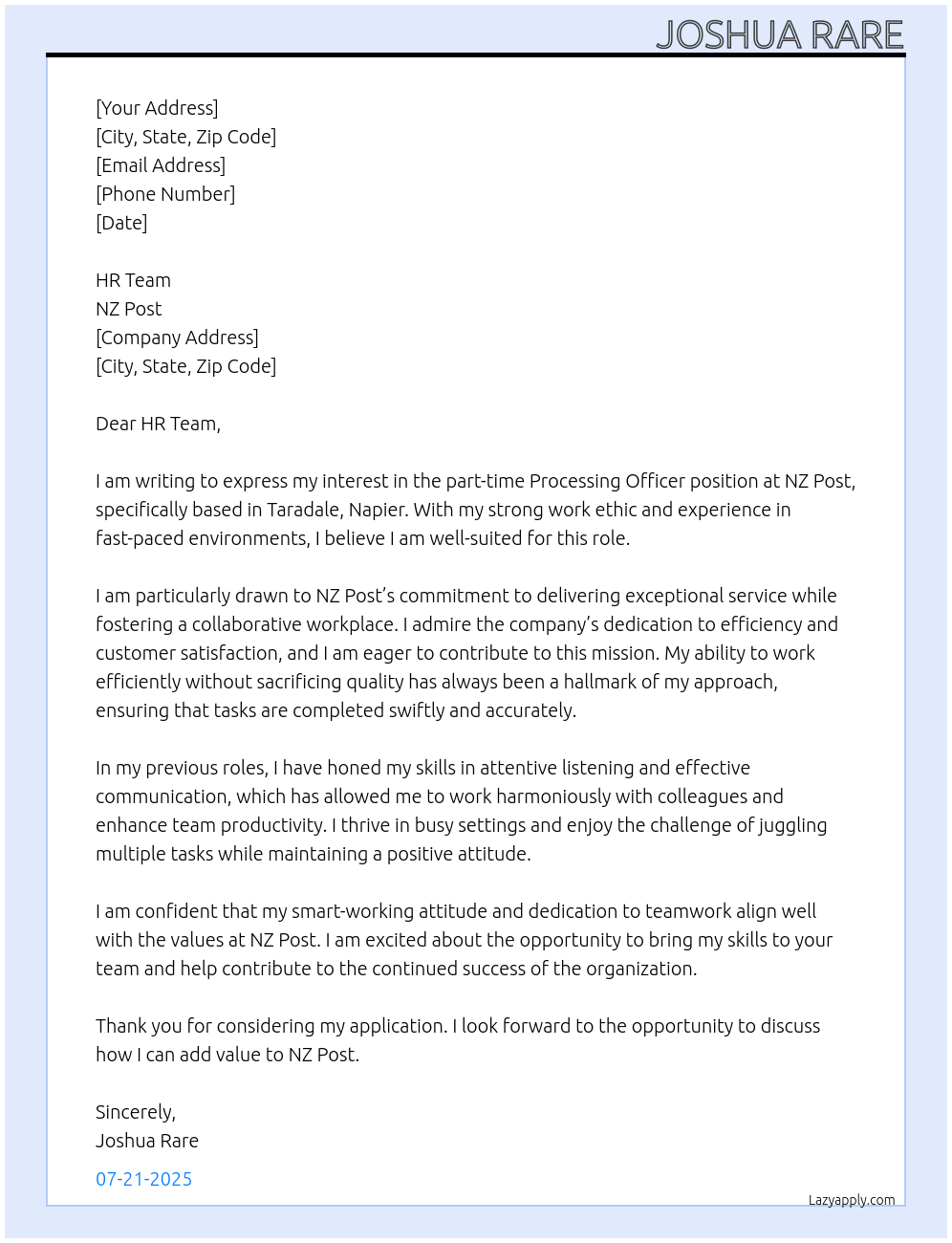Cover letter for processing officer - LazyApply