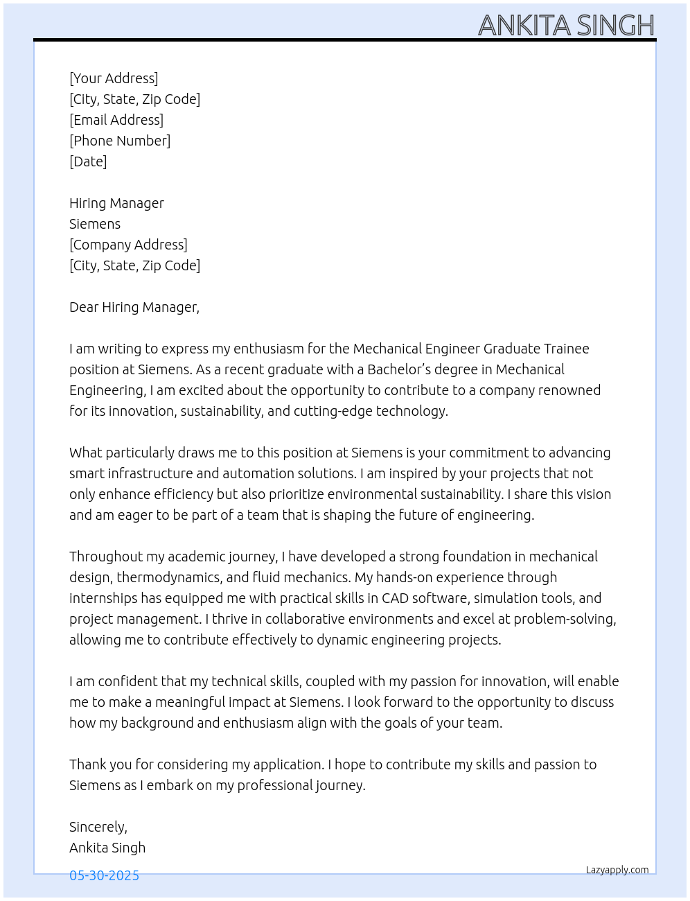 Cover letter for mechanical engineer graduate trainee engineer - LazyApply