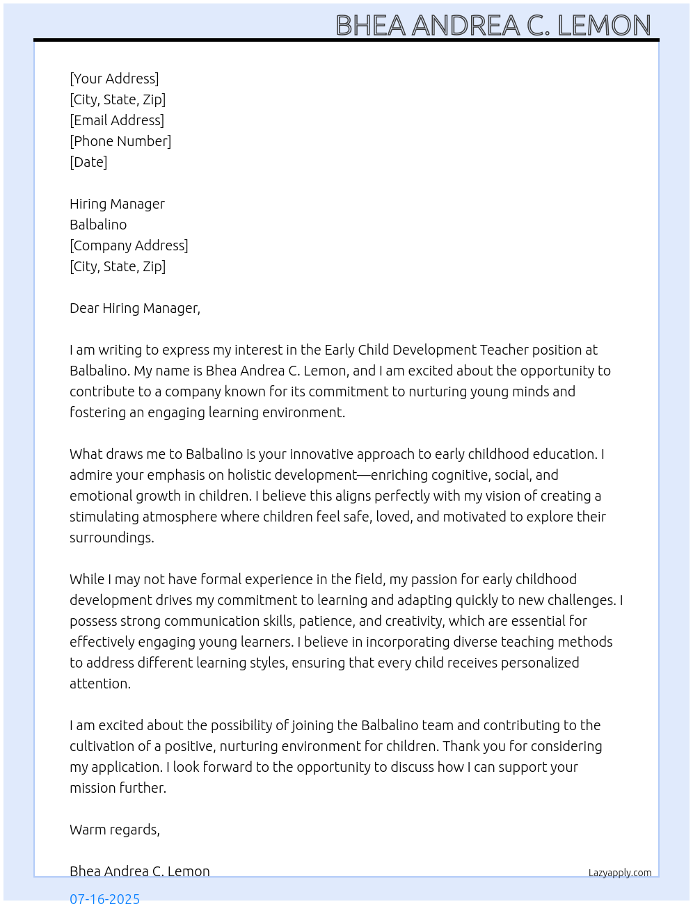 Cover letter for early child development teacher - LazyApply