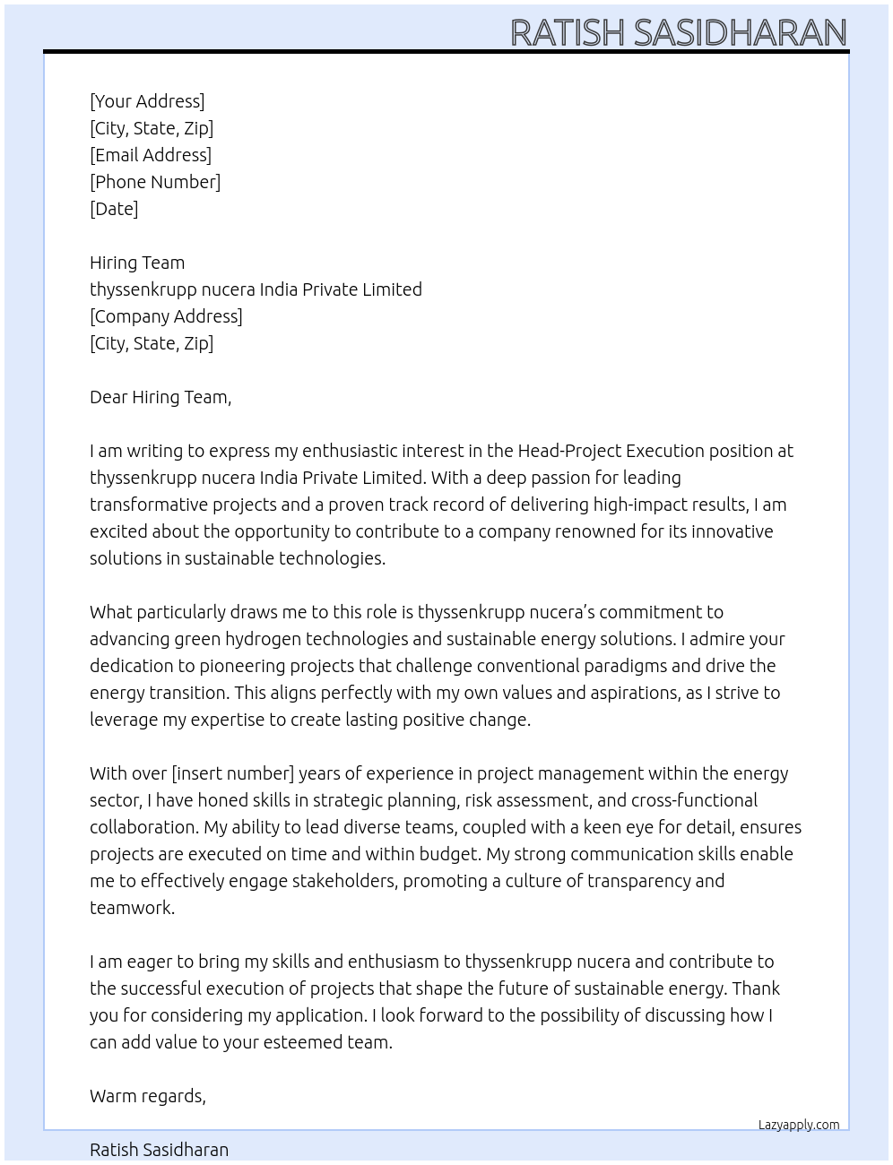 Cover letter for head-project execution - LazyApply