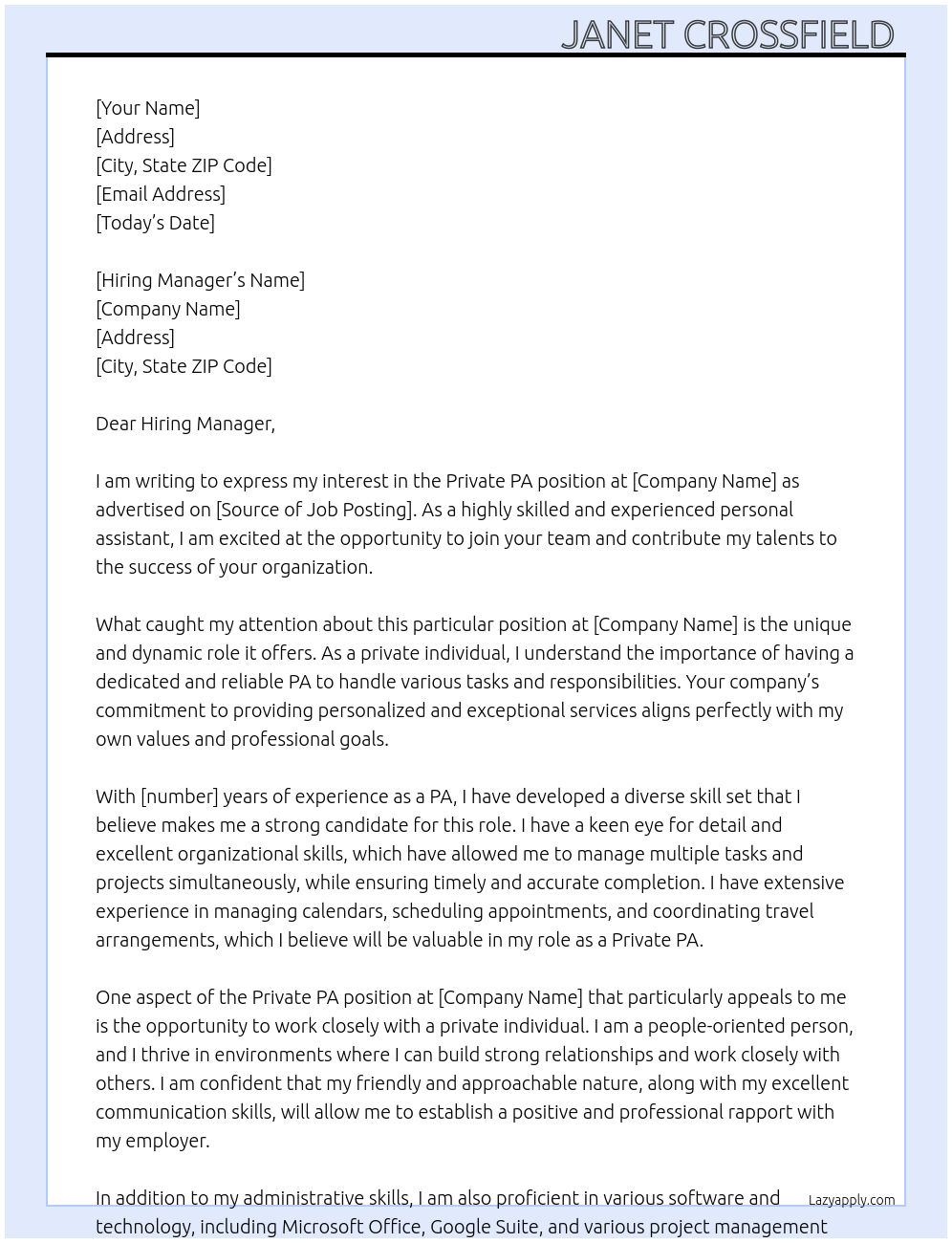 Cover letter for private pa - LazyApply
