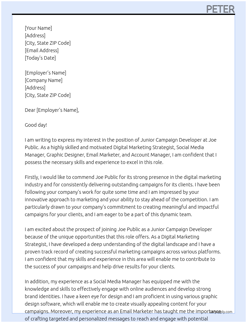 Cover letter for junior campaign developer - LazyApply
