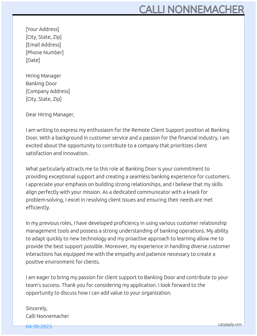 Cover letter for remote client support - LazyApply