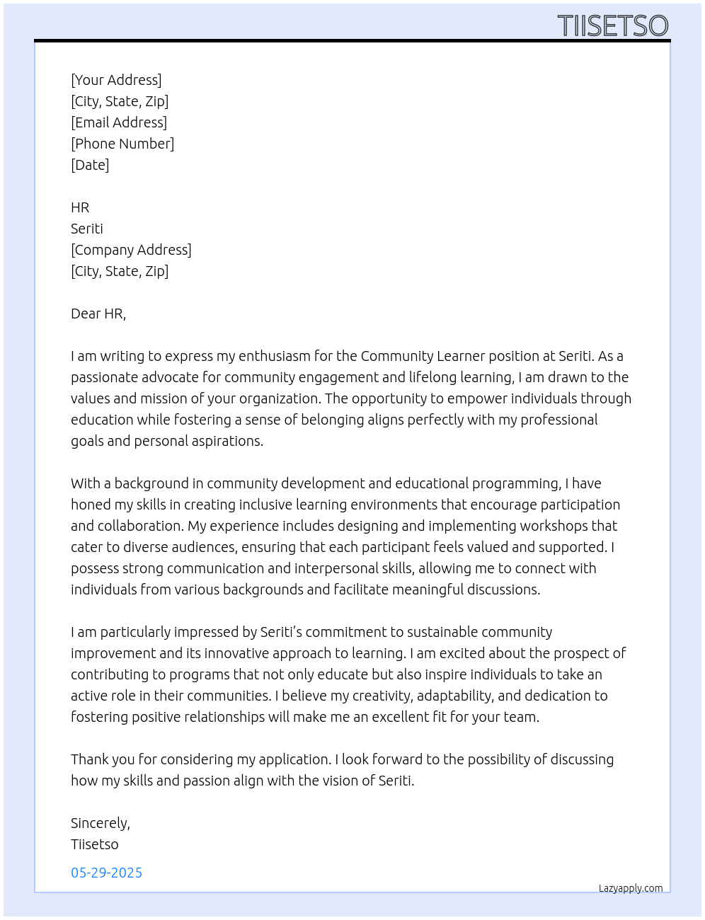 Cover letter for community leaner - LazyApply