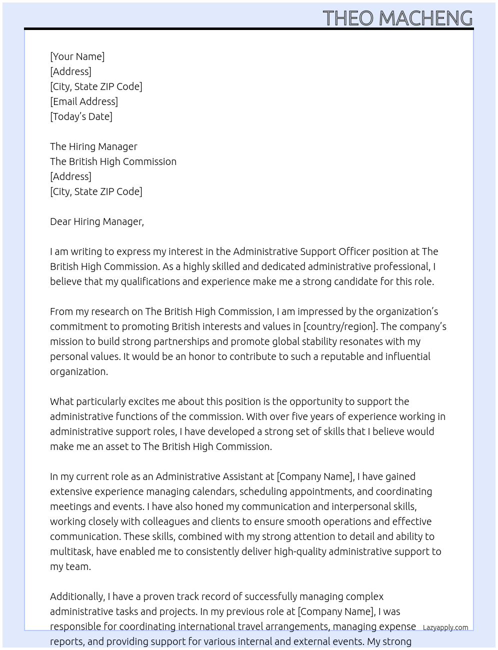 Cover letter for administrative support officer - LazyApply