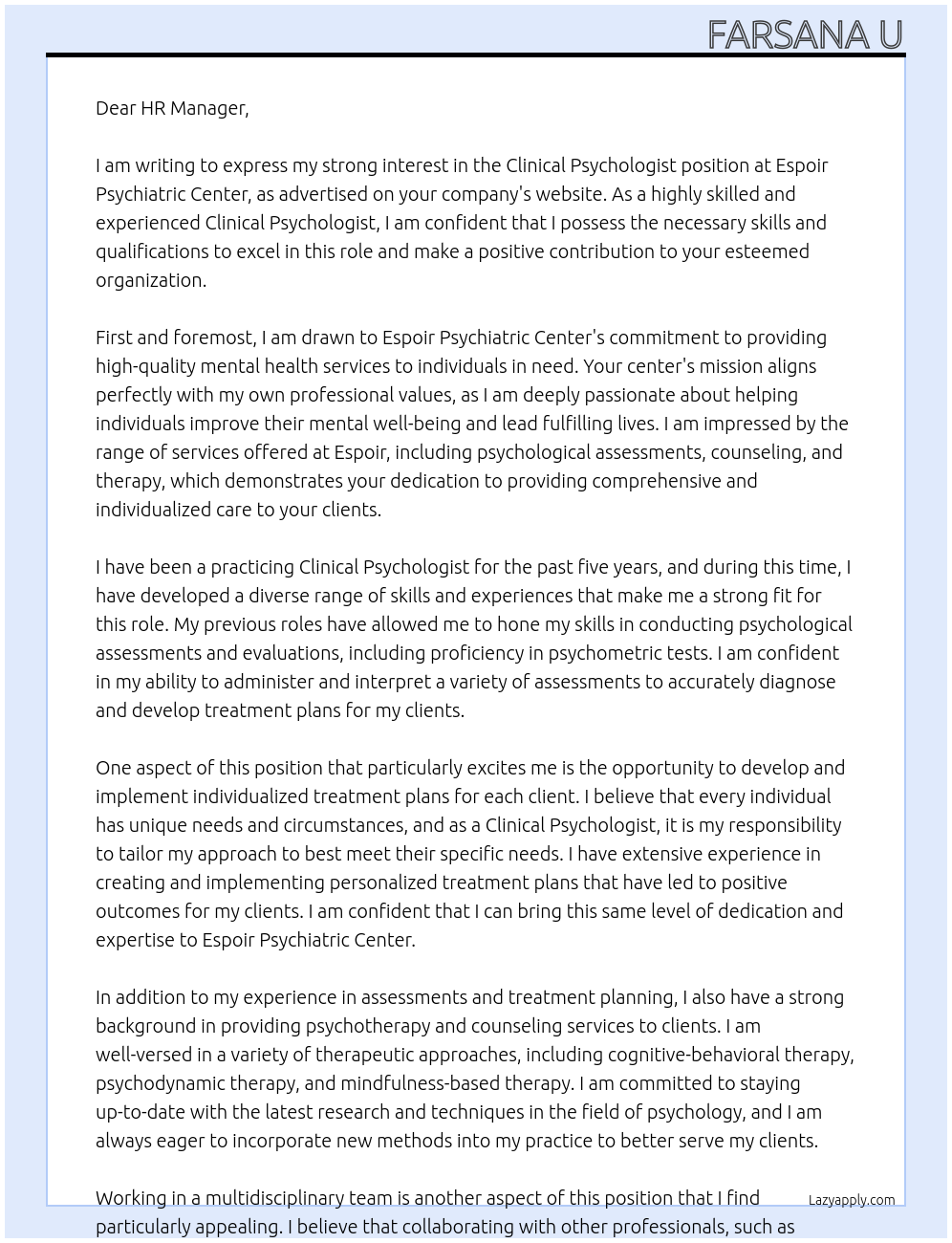 Cover letter for clinical psychologist - LazyApply