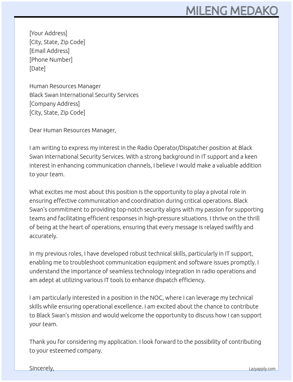 Cover letter for radio operator/dispatcher - LazyApply