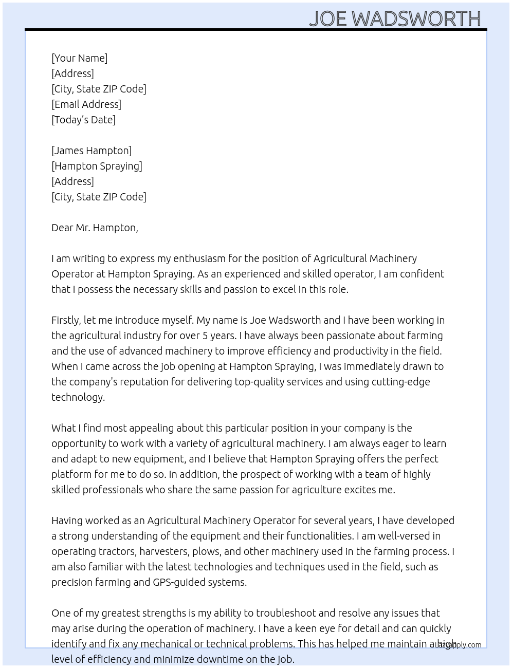Cover letter for agricultural machinery operator - LazyApply