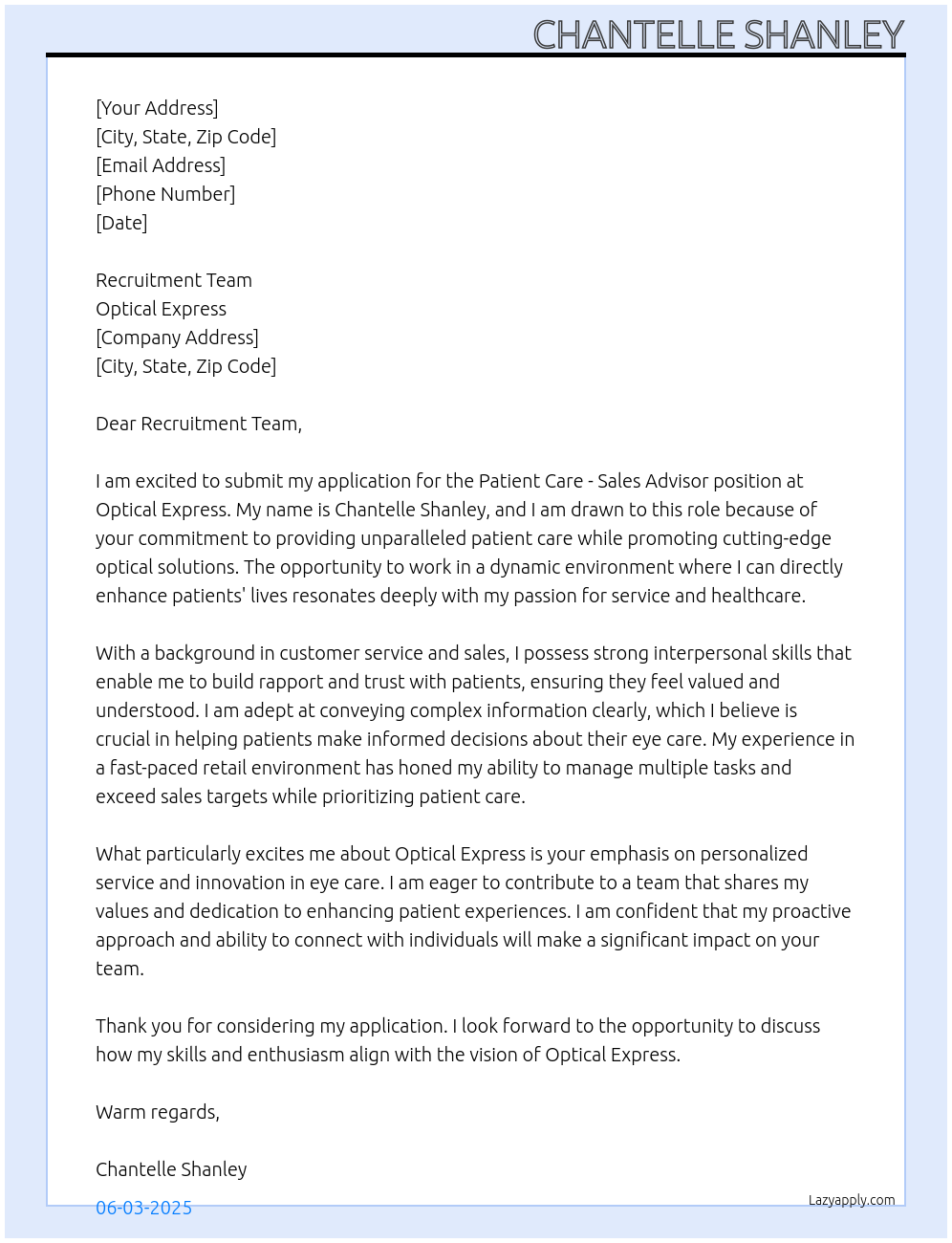 Cover letter for patient care - sales advisor - LazyApply