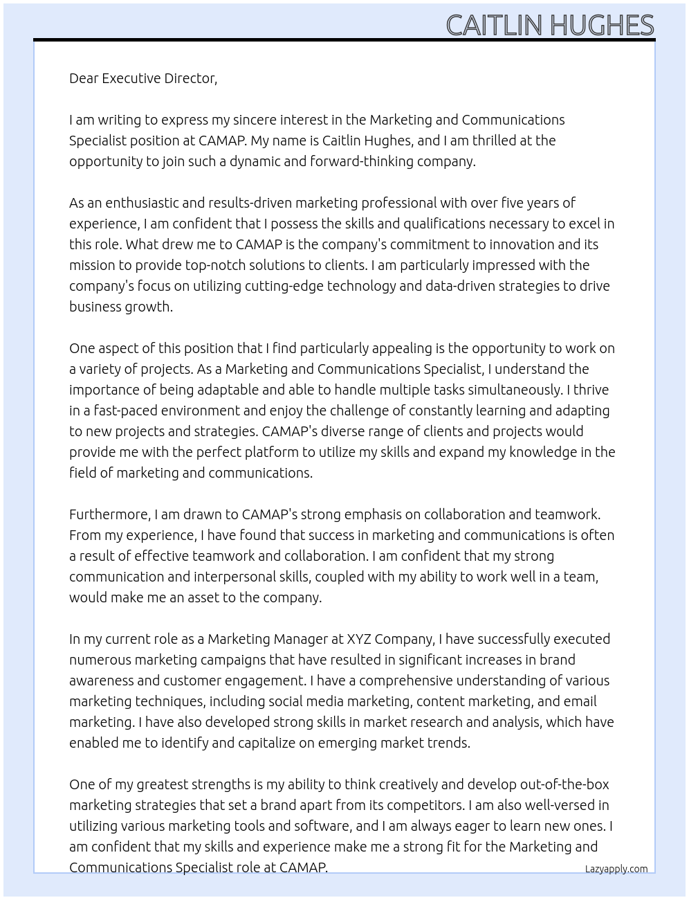 Cover letter for marketing and communications specialist - LazyApply