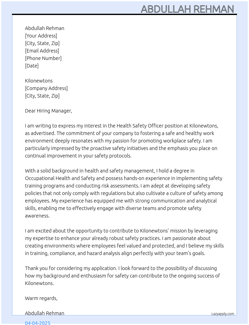Cover letter for health & safety officer - LazyApply