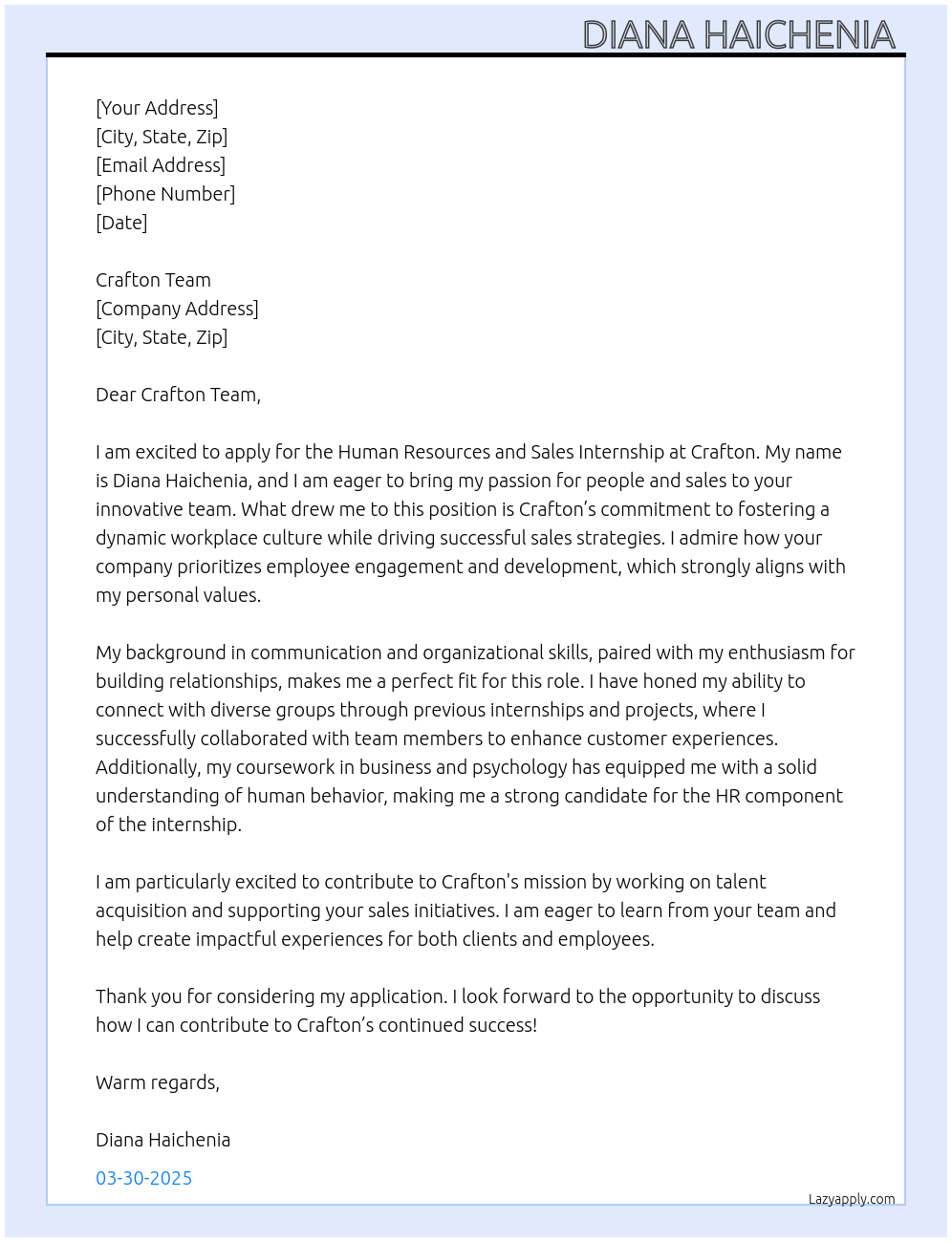 Cover letter for human resources and sales internship - LazyApply