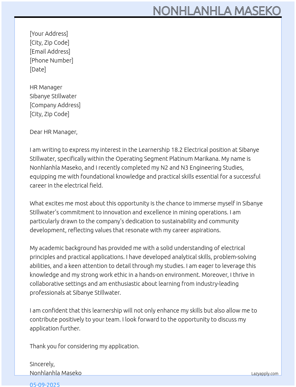 Cover letter for learnership 18.2 electrical - LazyApply