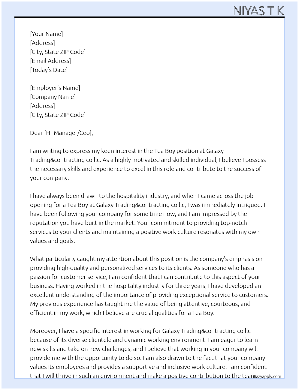 Cover letter for tea boy - LazyApply