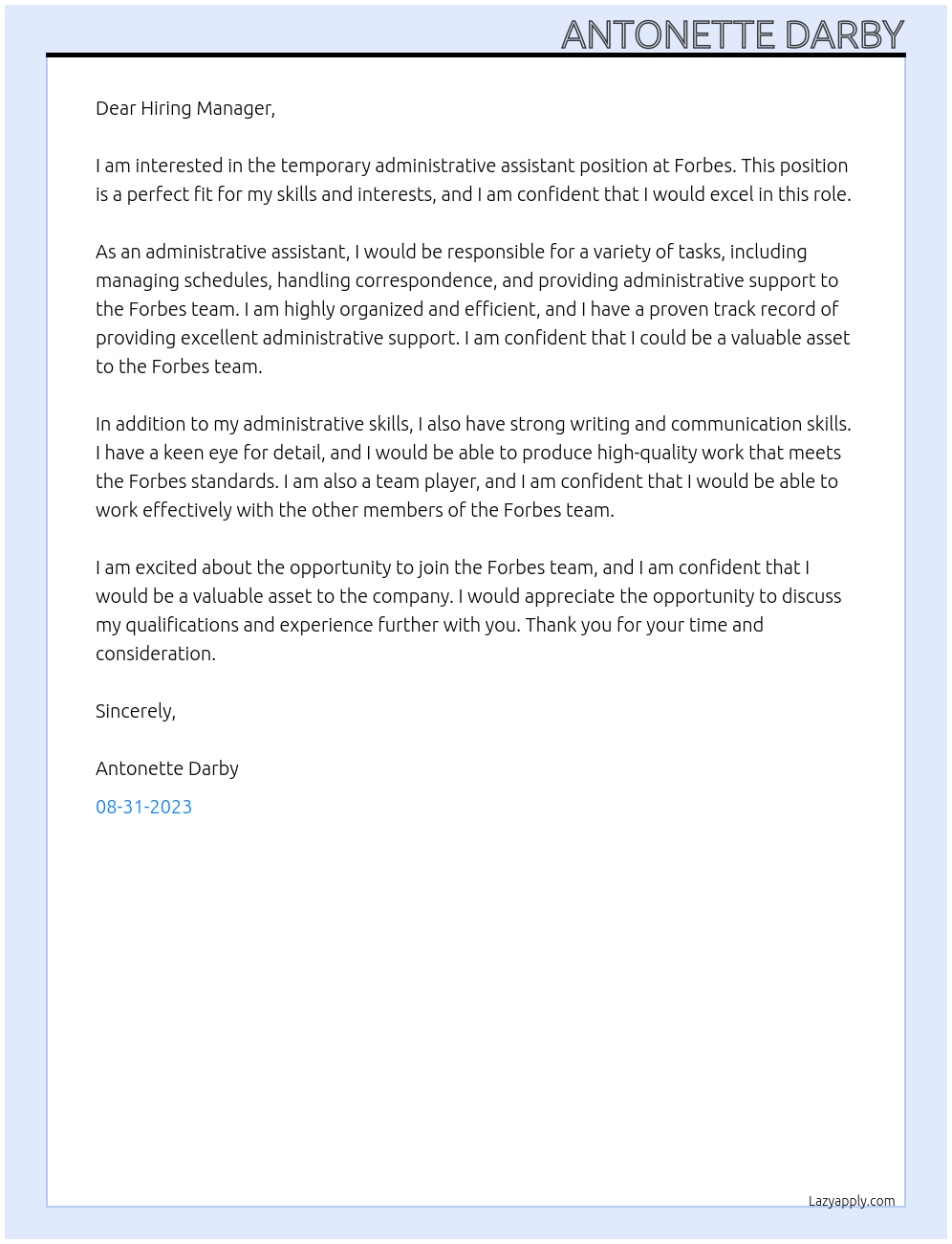 Cover letter for temporary administrative assistant - LazyApply