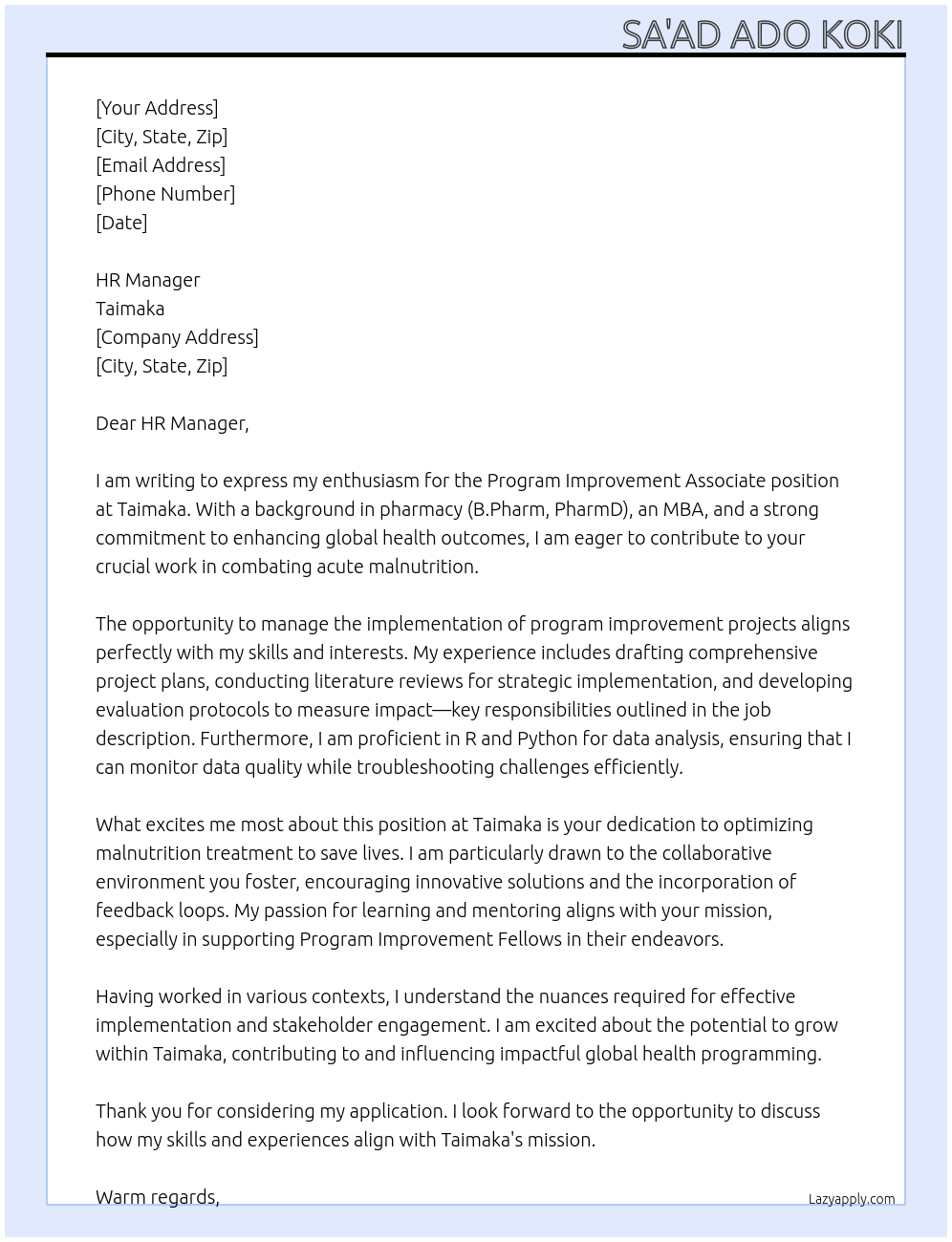 Cover letter for program improvement associate - LazyApply