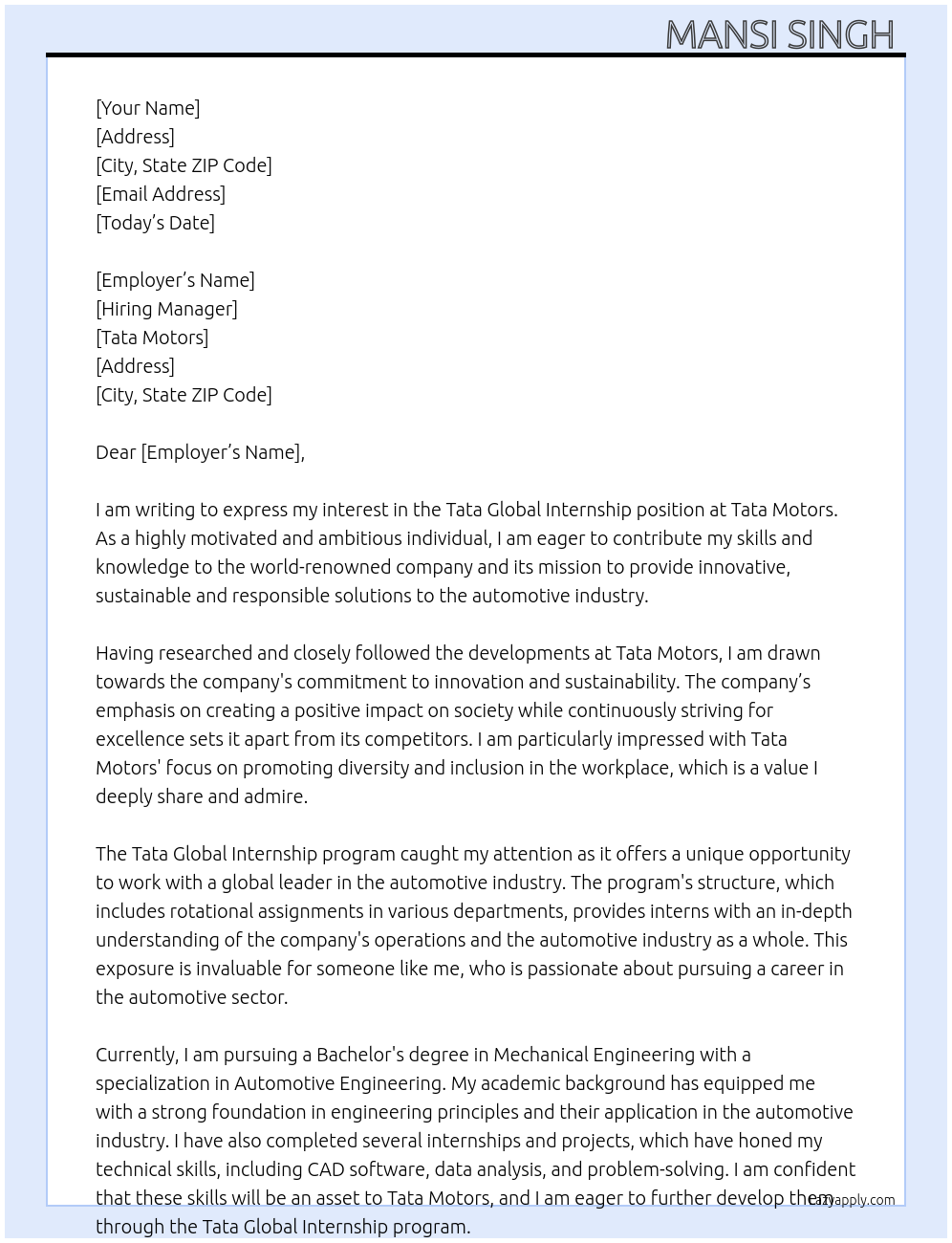 Cover letter for tata global internship - LazyApply