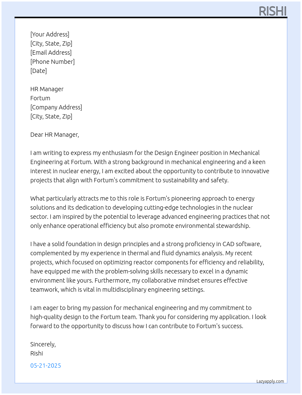 Cover letter for design engineer, mechanical engineering,nuclear plant ...