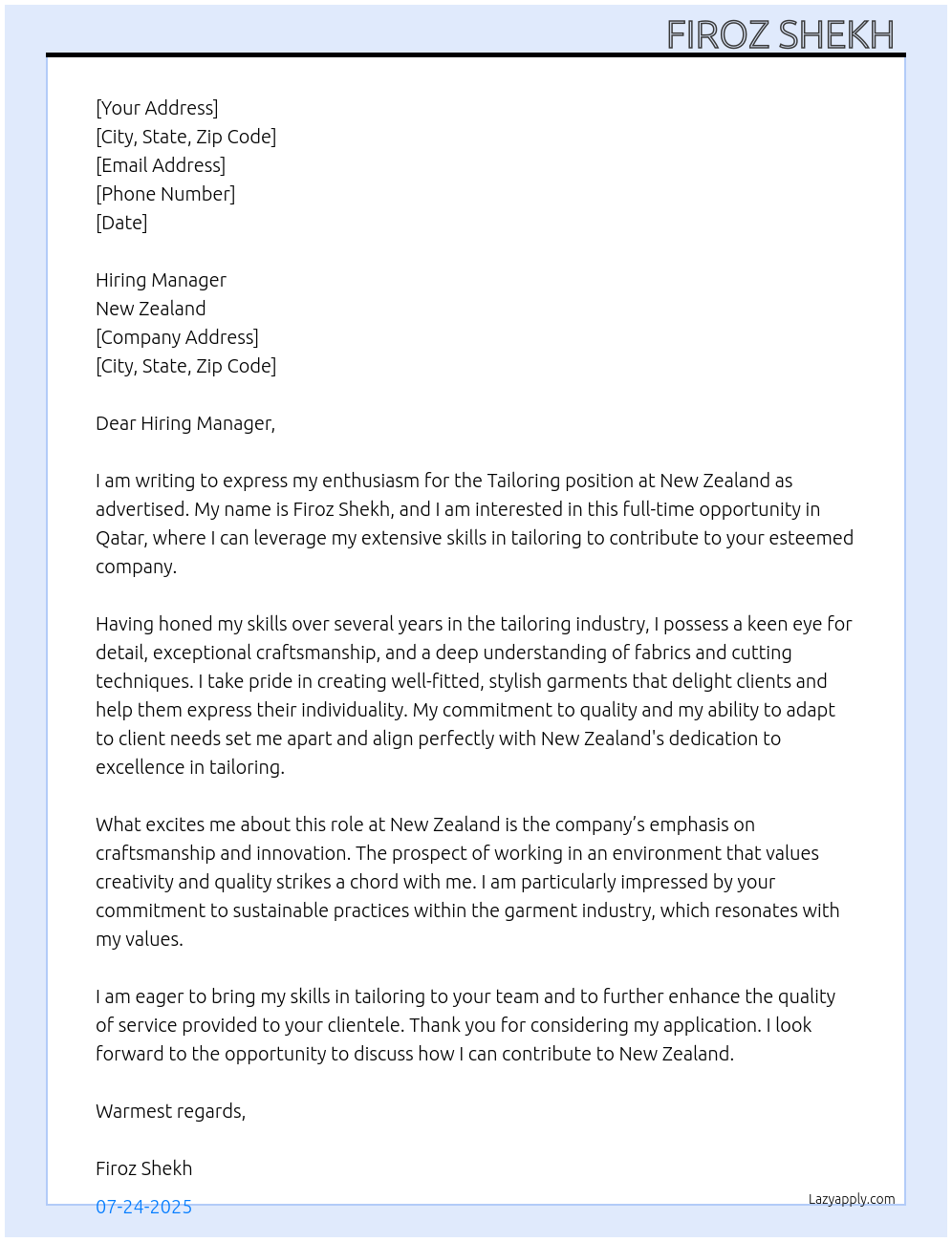 Cover letter for tailoring - LazyApply