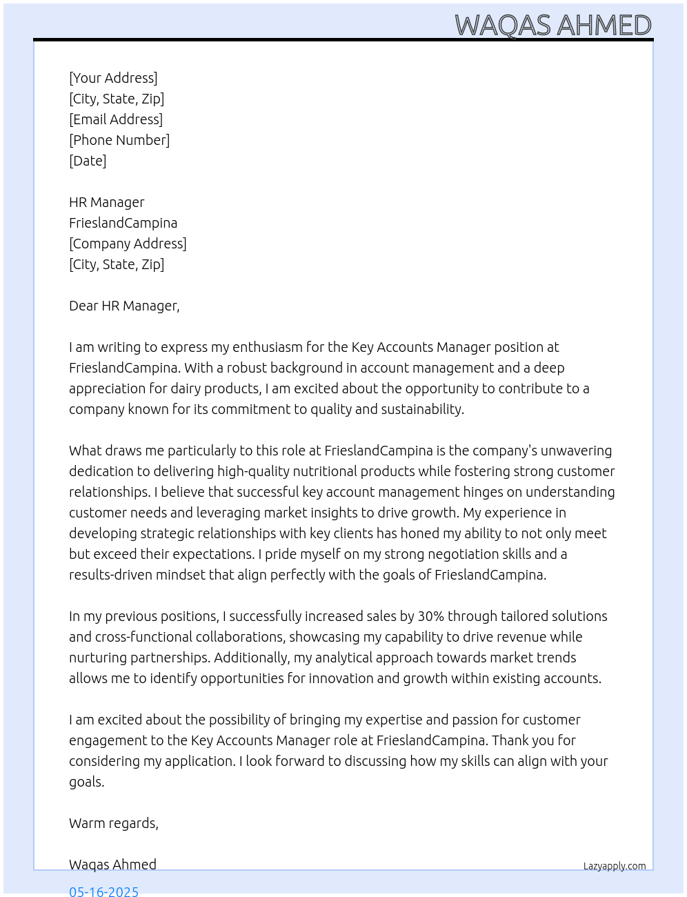 Cover letter for key accounts manager - LazyApply