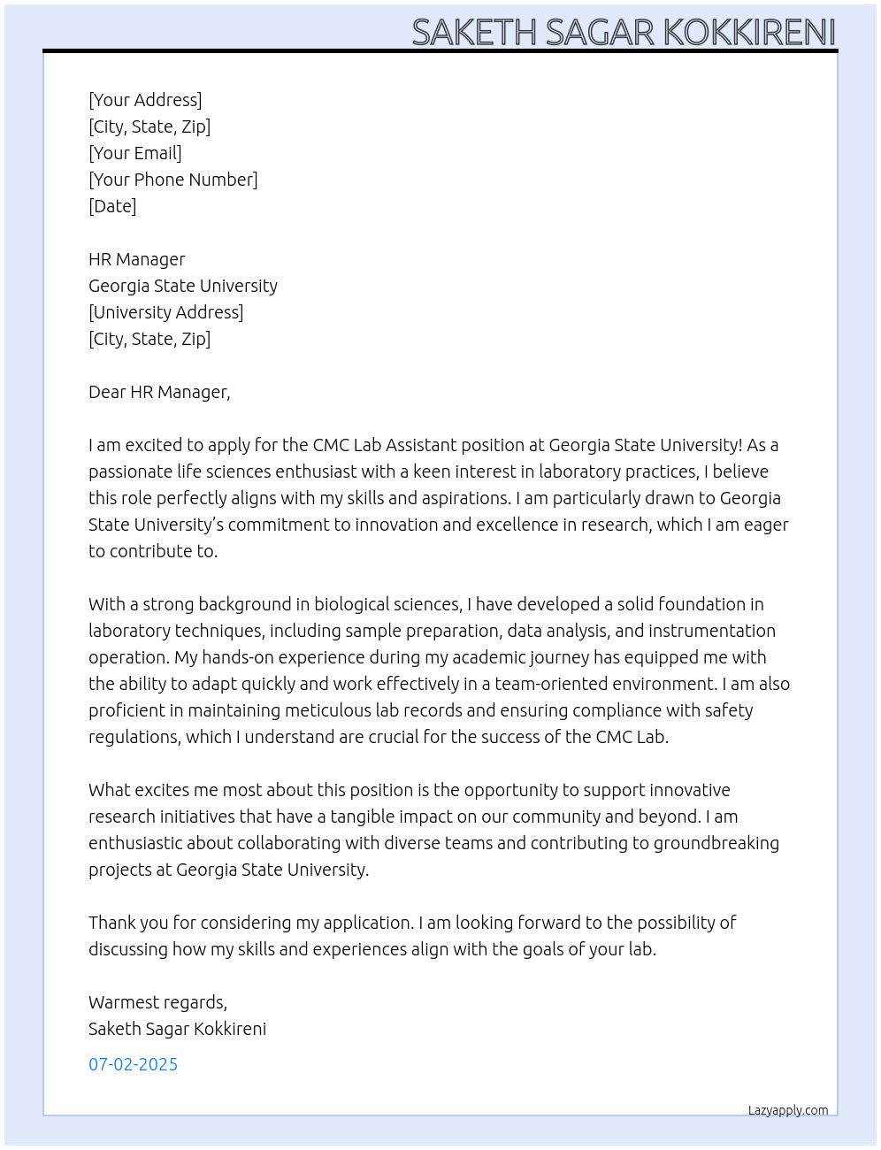 Cover letter for cmc lab assistant - LazyApply