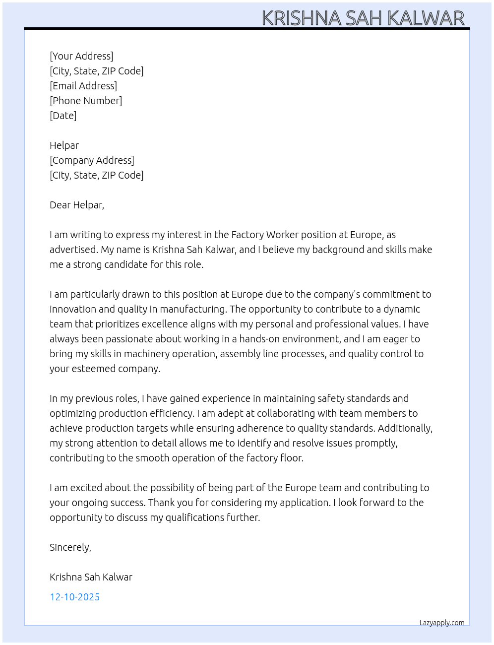 Cover letter for factory worker - LazyApply
