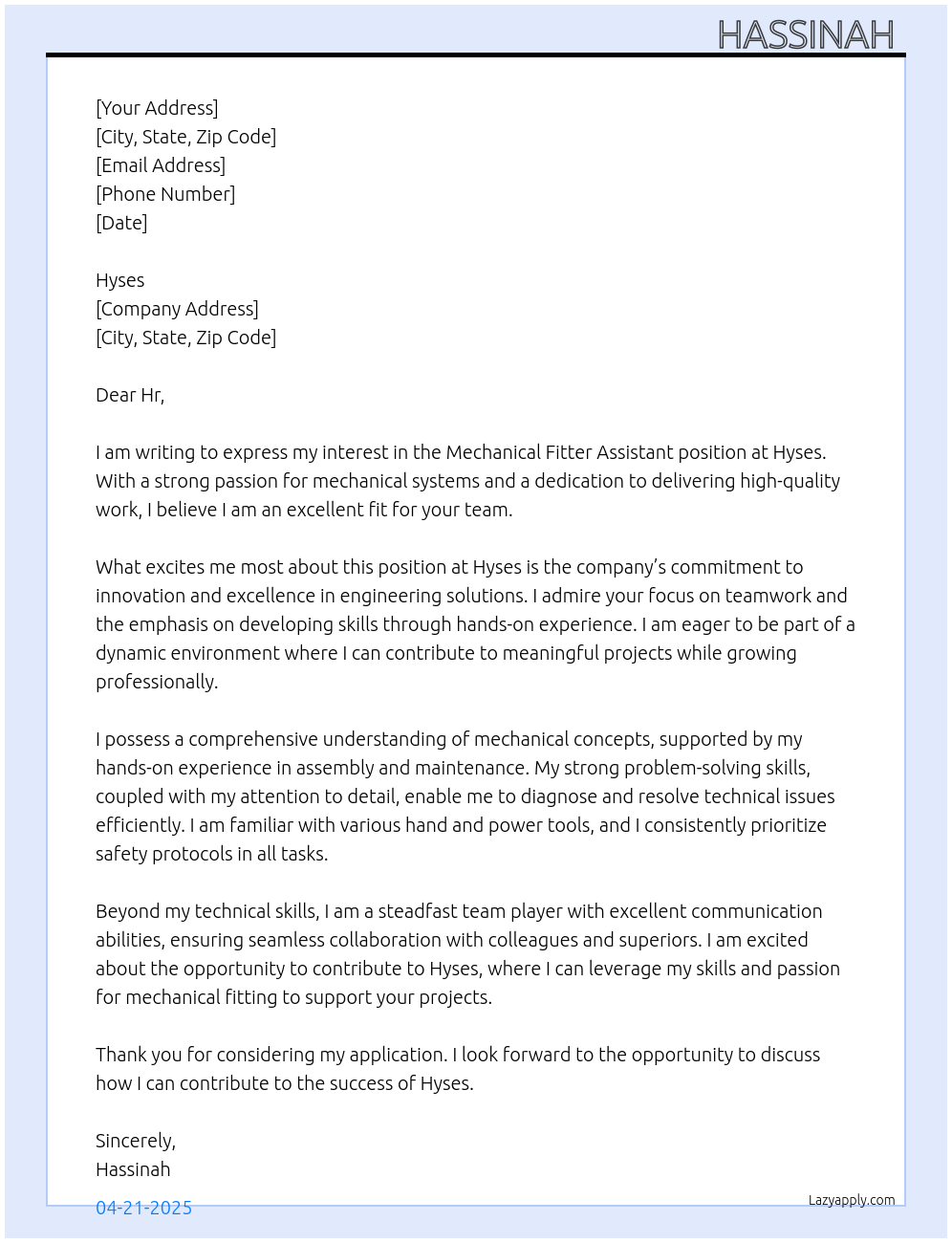 Cover letter for mechanical fitter assistant - LazyApply