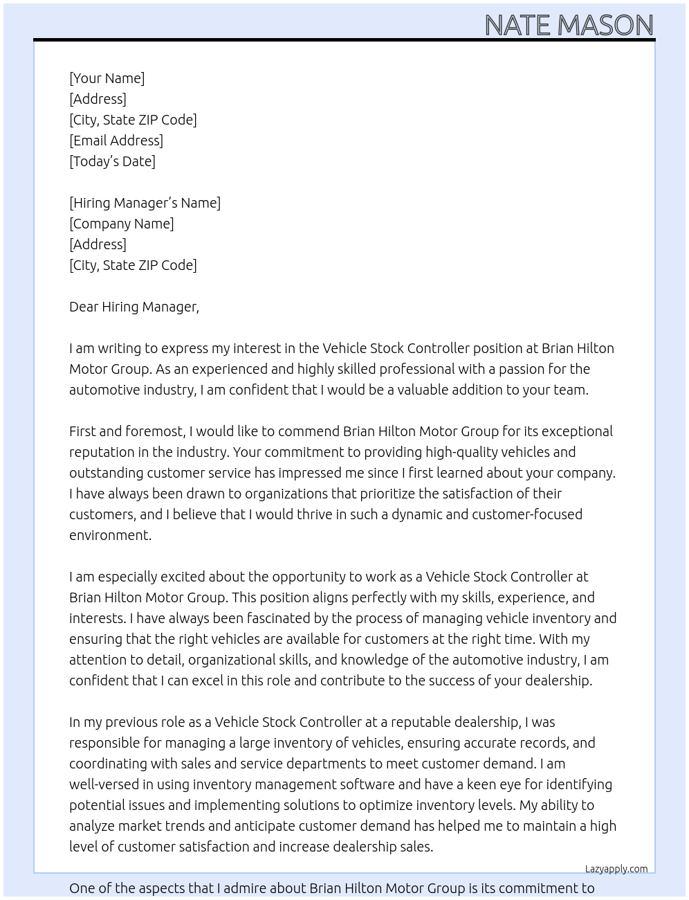 Cover letter for vehicle stock controller - LazyApply