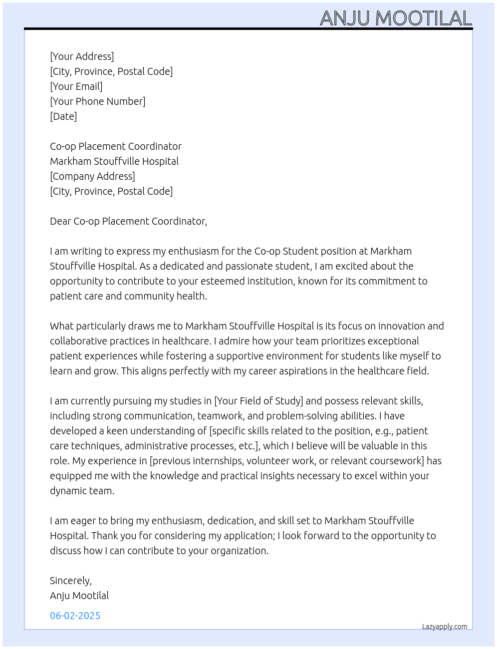 Cover letter for co-op student - LazyApply