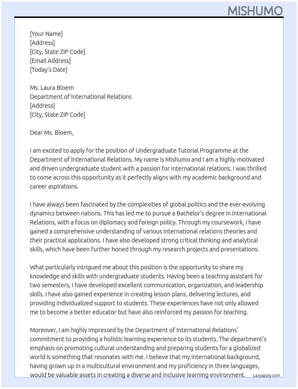 Cover letter for undergraduate tutorial programme - LazyApply